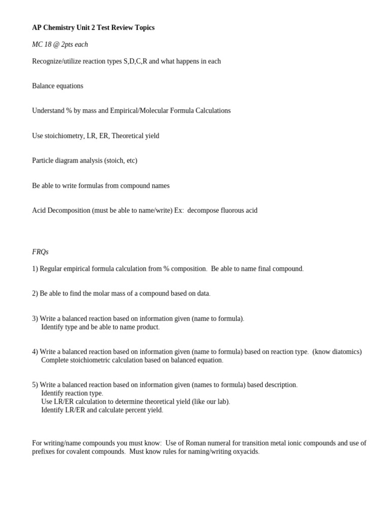 Unit 2 Test Review Topics | PDF