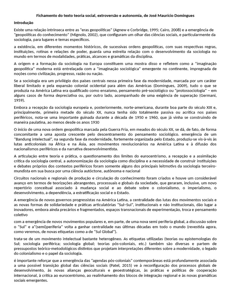 Fichamento do texto teoria social, extroversão e autonomia, de José Maurício Domingues | PDF ...