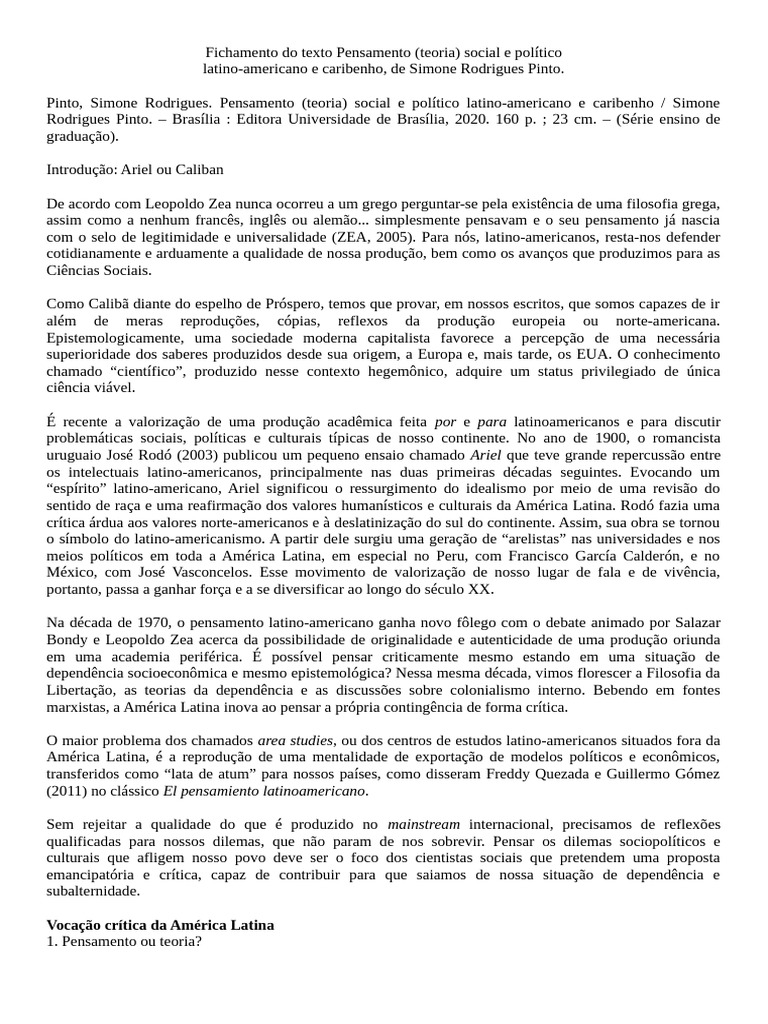 Fichamento Do Texto Pensamento (Teoria) Social e Político Latinoamericano e Caribenho | PDF ...