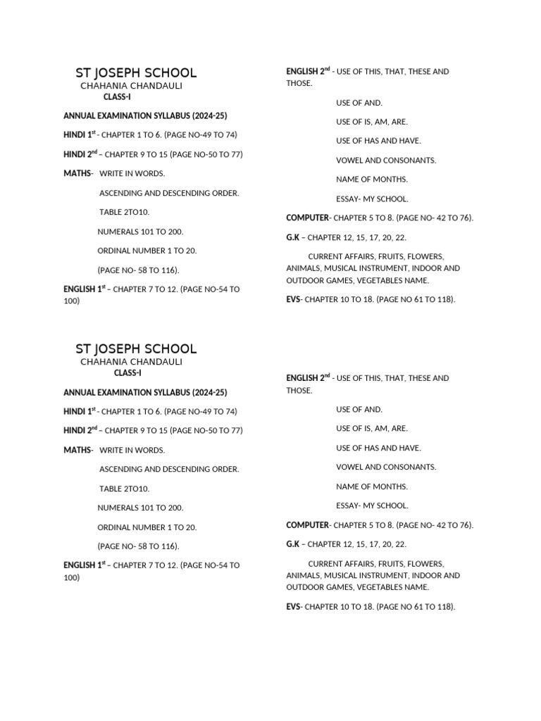 St. Joseph School Chahania Syllabus 2024-25 | PDF | Languages | Foreign ...
