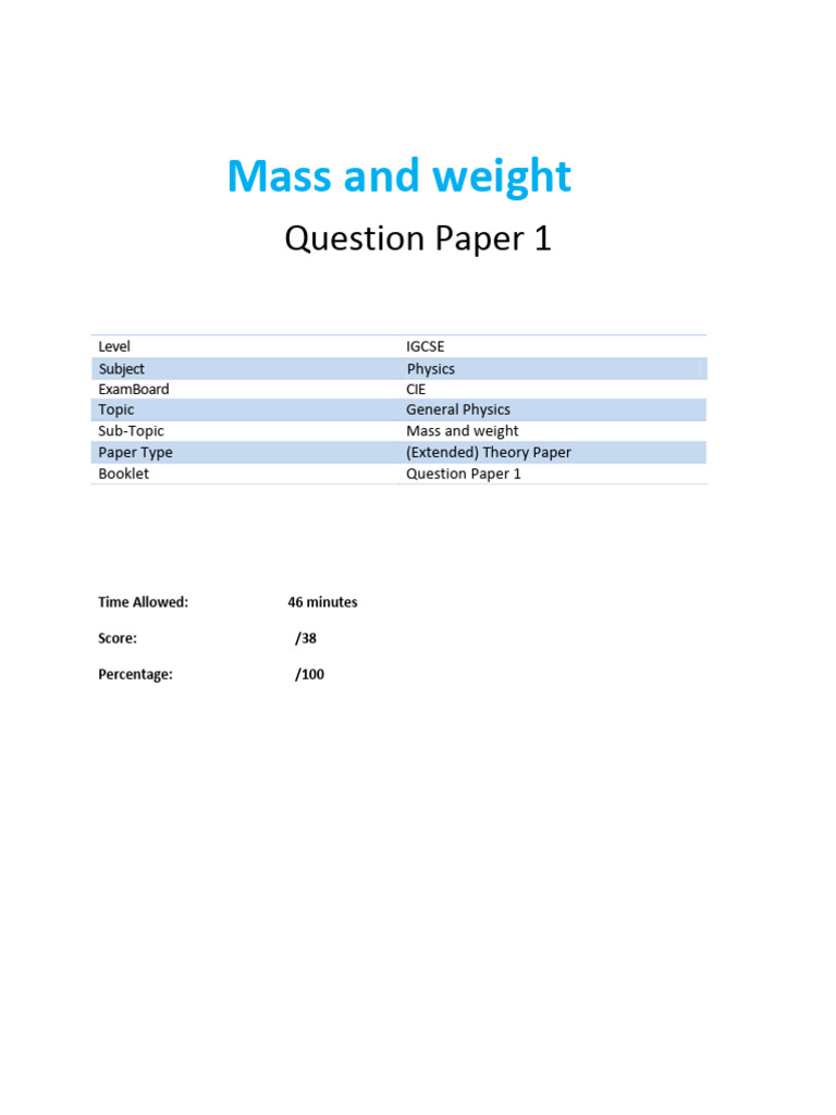 IGCSE Physics: Mass and Weight Exam Paper | PDF | Pressure | Crane ...