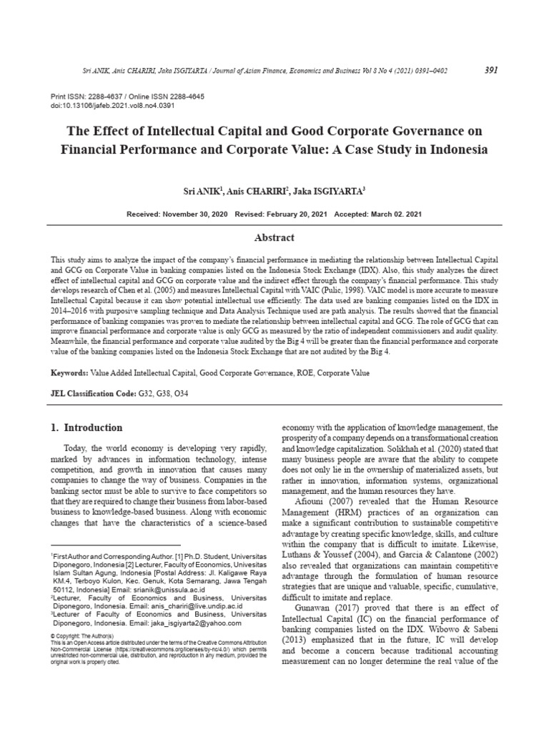 The Effect of Intellectual Capital and Good Corporate Governance On Financial Performance and ...