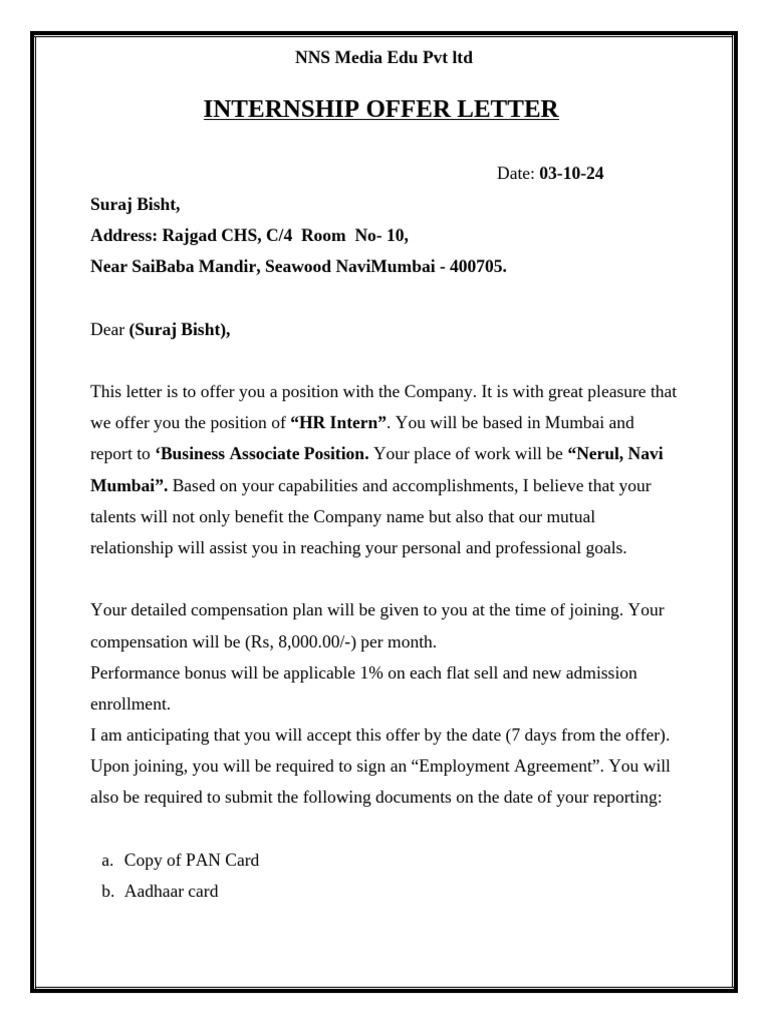 Offer Letter Suraj | PDF | Employment | Labor Relations