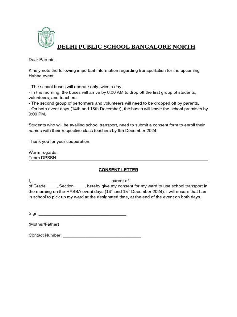 DPS Bangalore North Transport Info for Habba | PDF