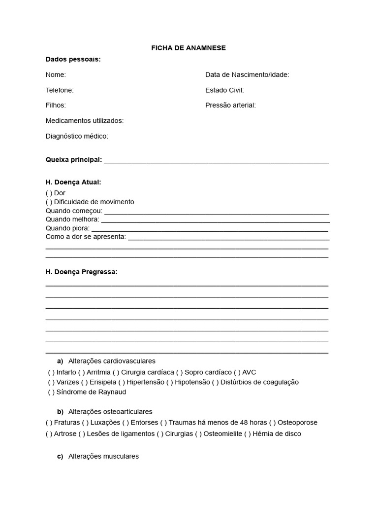 Ficha de Anamnese | PDF | AVC | Dor