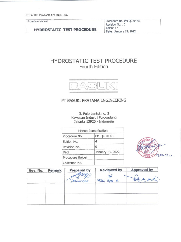 Hydrostatic Test Procedure | PDF