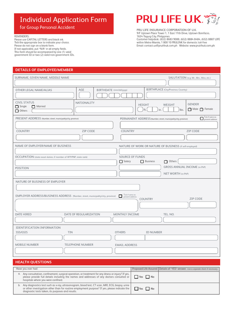 2021 - V10 - Group Personal Accident Application Form Fillable | PDF ...