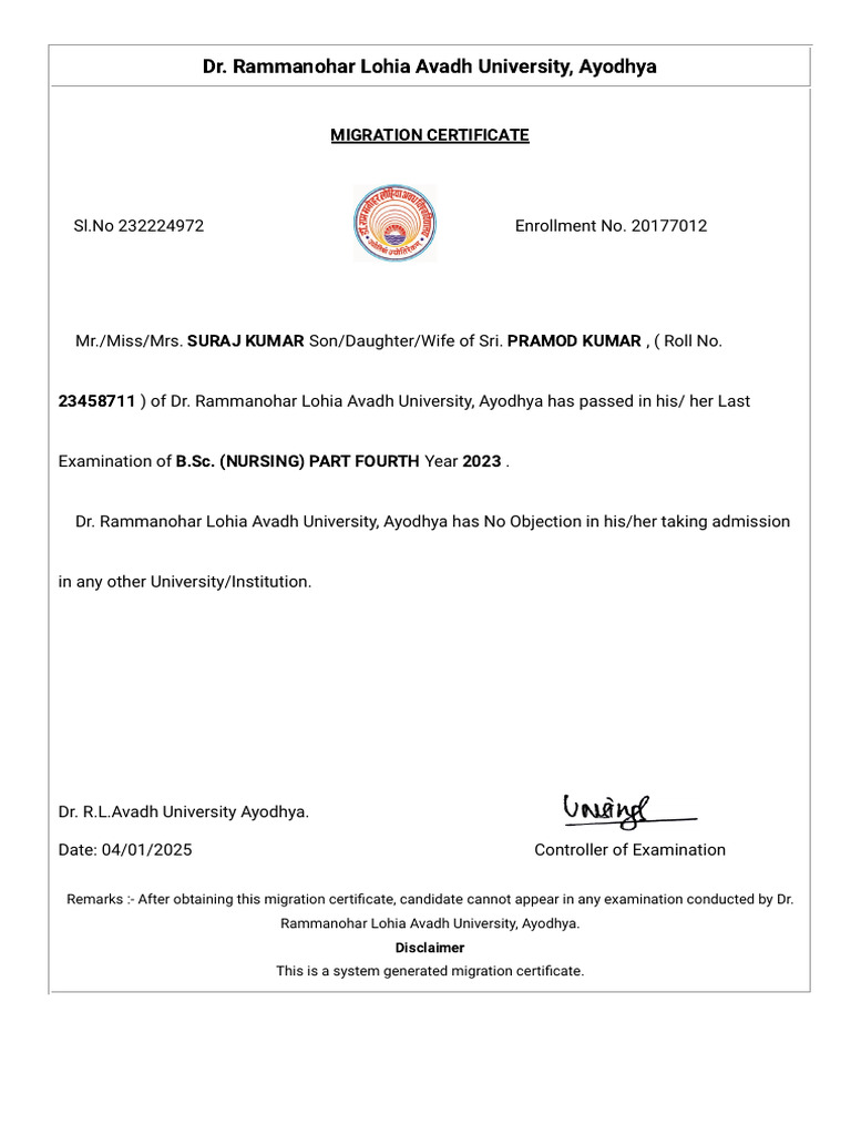 MIGRATION Certificate | PDF