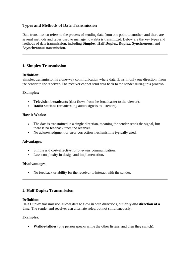 Types and Methods of Data Transmission | PDF | Duplex (Telecommunications) | Telecommunications