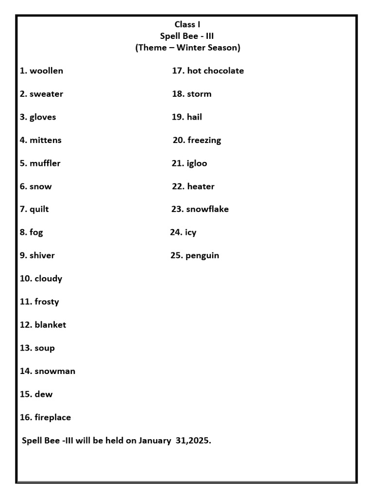 Class I Winter Spell Bee Worksheet | PDF