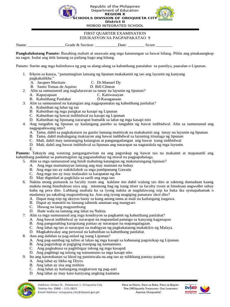 q1-TQ- ESP 9 - exam | PDF