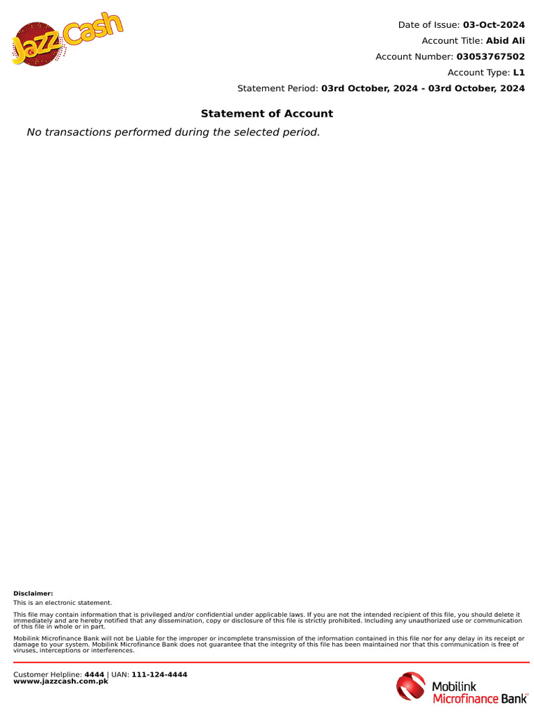 JazzCash Account Statement - No Transactions | PDF