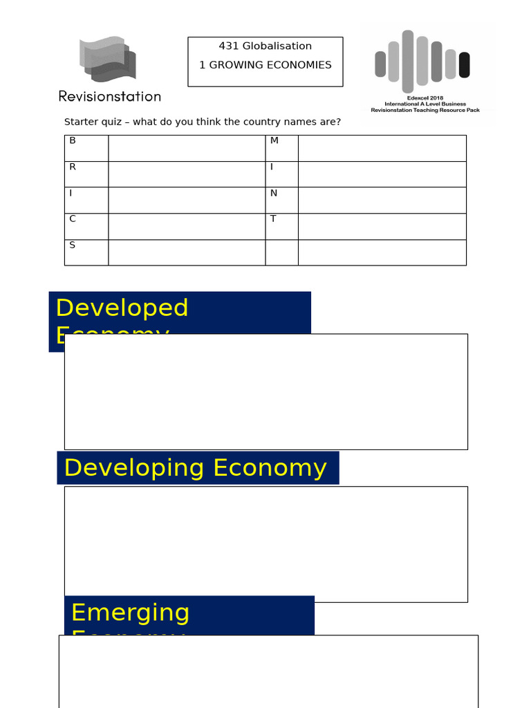 1 Growing Economies Worksheet | PDF | Developing Country | Economic Development
