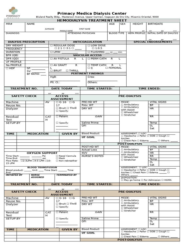HD Treatment Sheet VER 4 Diff Color | PDF | Hemodialysis | Diseases And Disorders