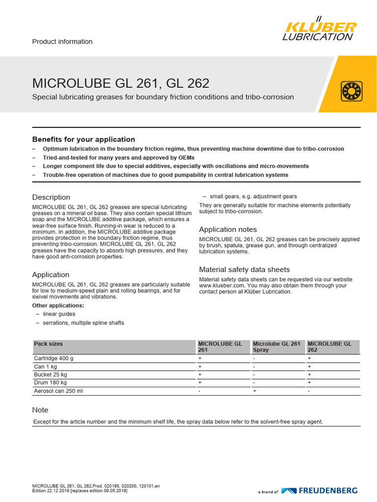 Klueber Microlube GL 261 Special Lubricating Grease Datasheet | PDF | Bearing (Mechanical ...