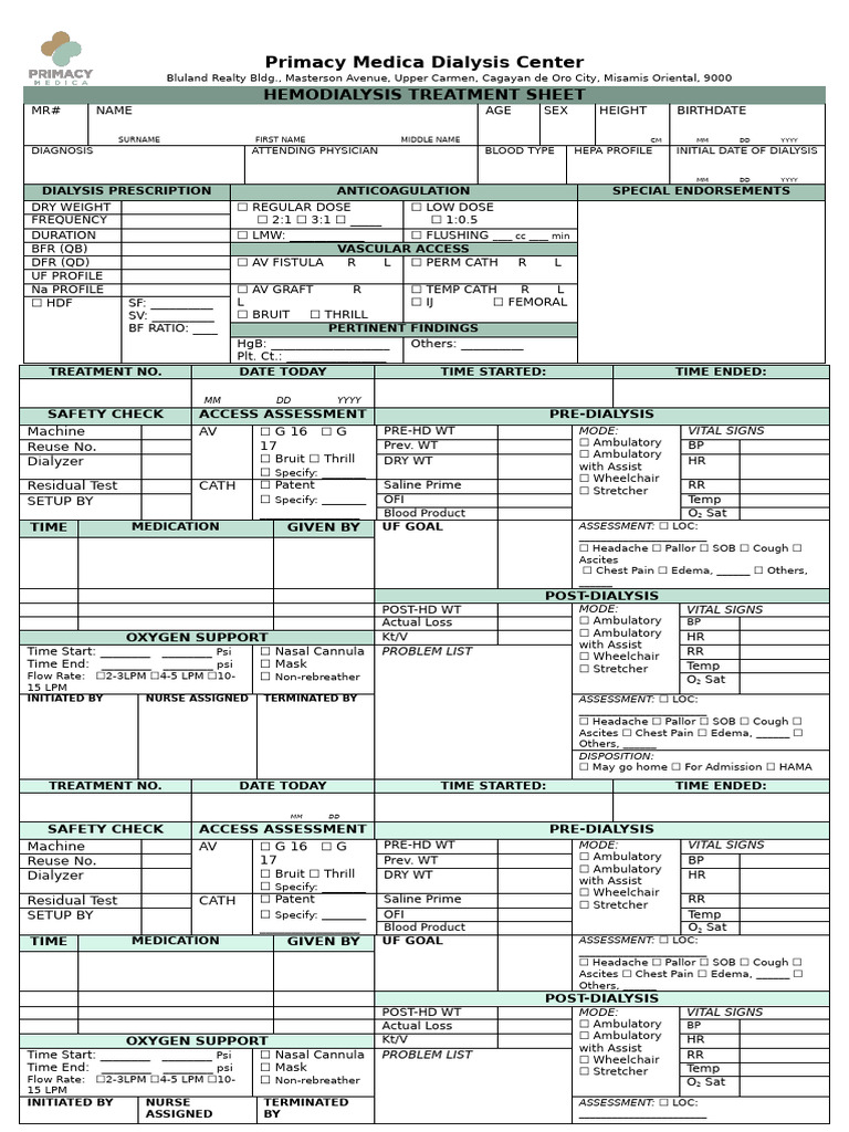 Hemodialysis Treatment Record Template | PDF | Hemodialysis | Medical ...