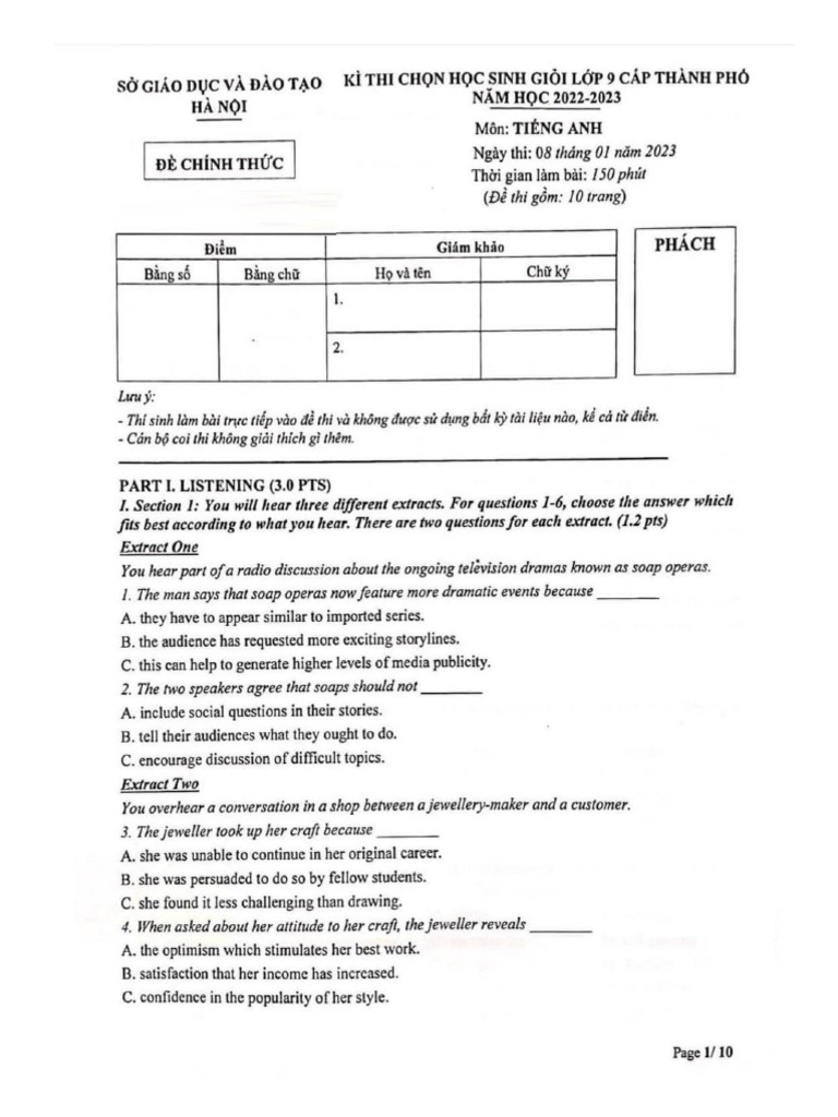 De Thi HSG Tieng Anh Lop 9 Cap Thanh Pho Ha Noi 2023 | PDF