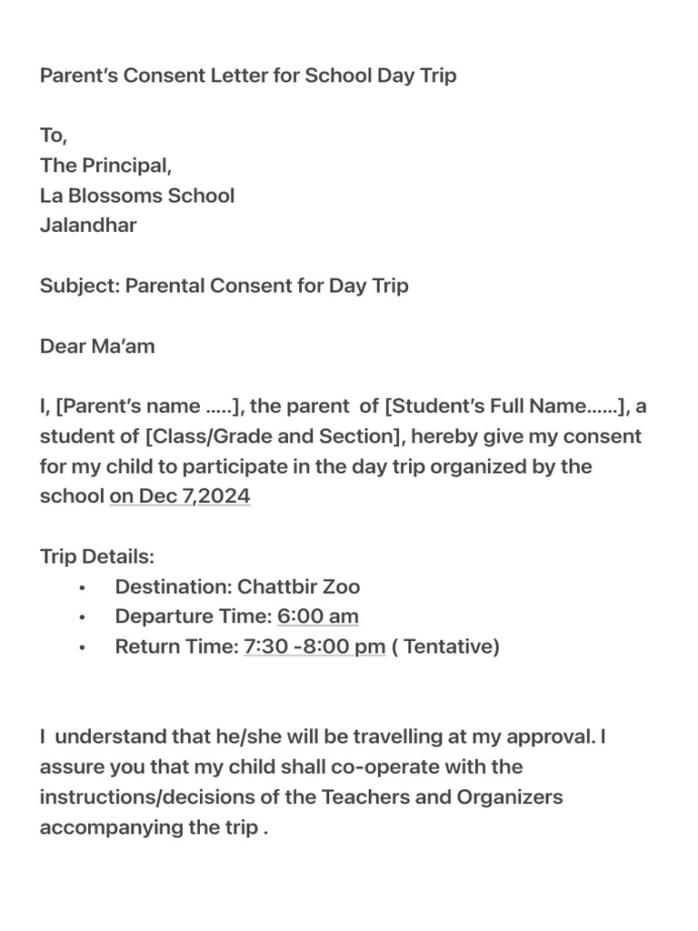 Parent's Consent Letter For School Day Trip | PDF