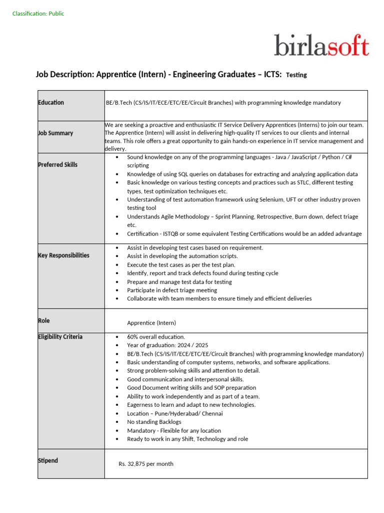 JD - Birlasoft - ICTS Testing (Engineer) | PDF | Computer Programming ...