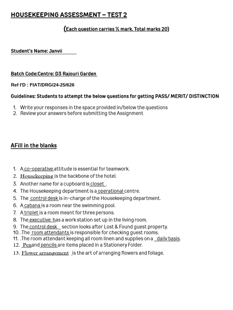 Housekeeping Assessment Test - Docx 20241207 183951 0000 | PDF ...