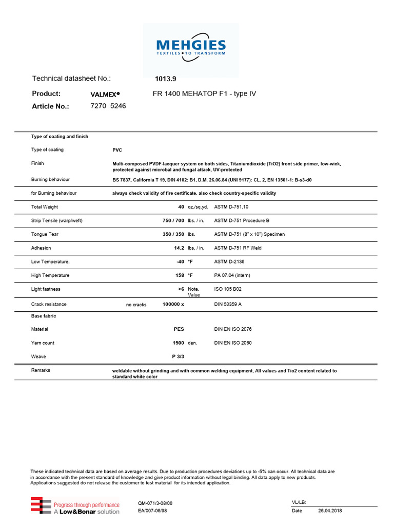 VALMEX® FR 1400 Technical Datasheet | PDF | Welding | Construction