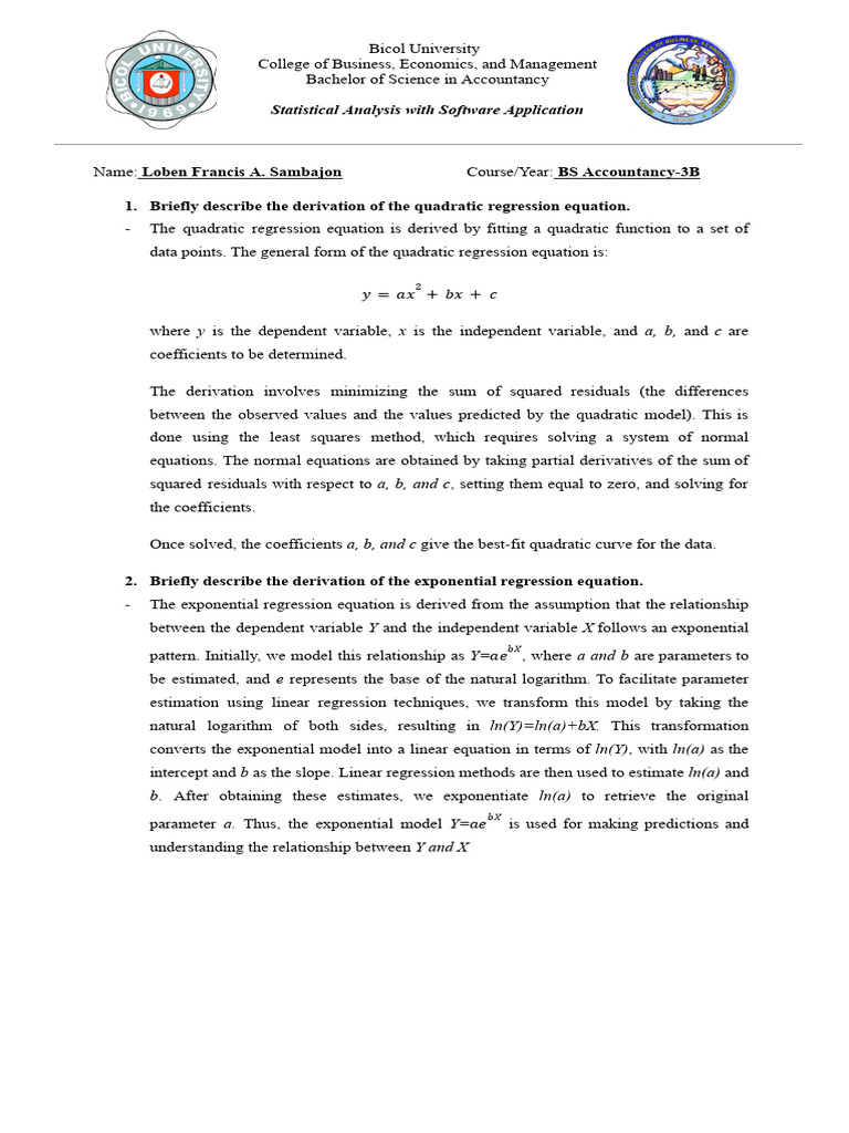 Quadratic & Exponential Regression Derivation | PDF | Regression ...