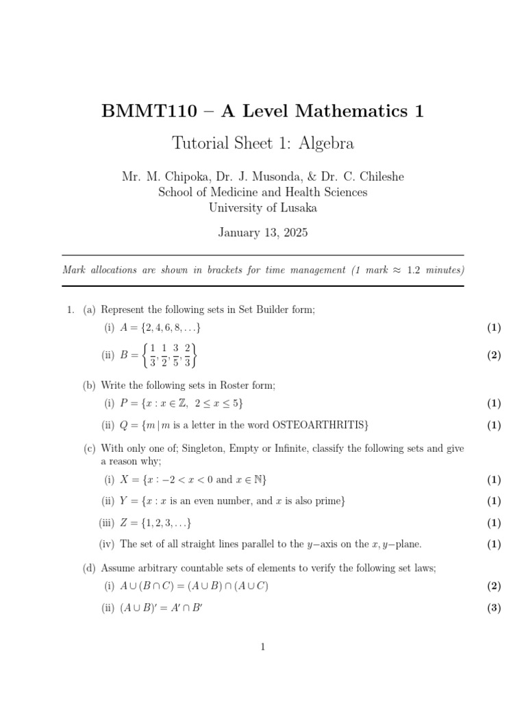BMMT110 Tutorial Sheet 1 | PDF | Equations | Algebra