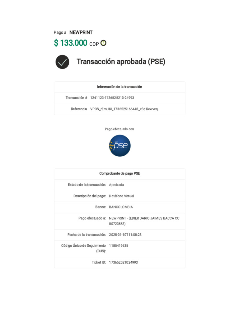 Pago Aprobado a NEWPRINT vía PSE | PDF