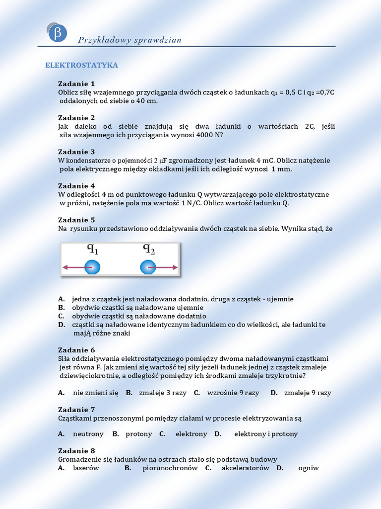 Elektrostatyka Sprawdzian | PDF