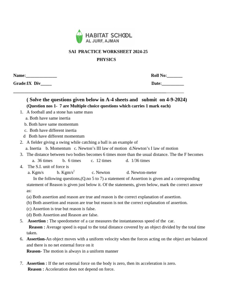 G 9-Physics Sa1 Practice Worksheet Important | PDF | Force | Speed