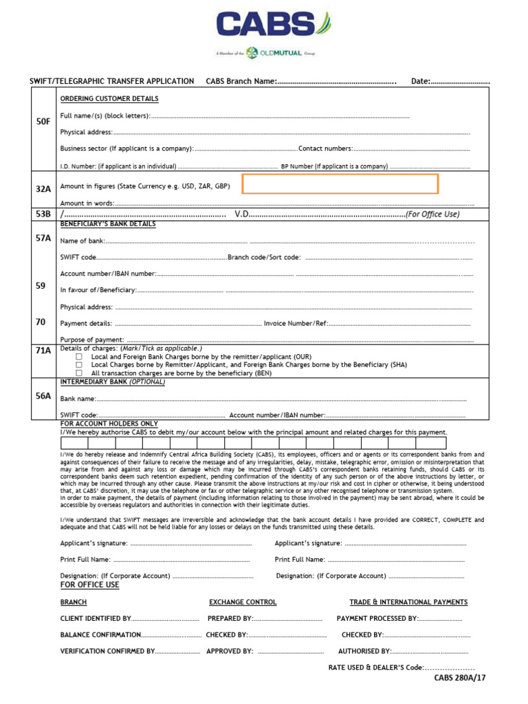 SWIFT Transfer Application Form | PDF | Service Industries | Financial ...