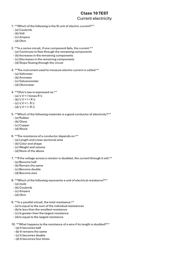 Class 10 Electricity Test Questions | PDF | Electrical Resistance And ...