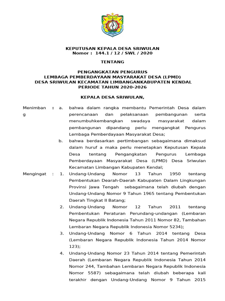 Pengangkatan Pengurus LPMD Sriwulan 2020 | PDF
