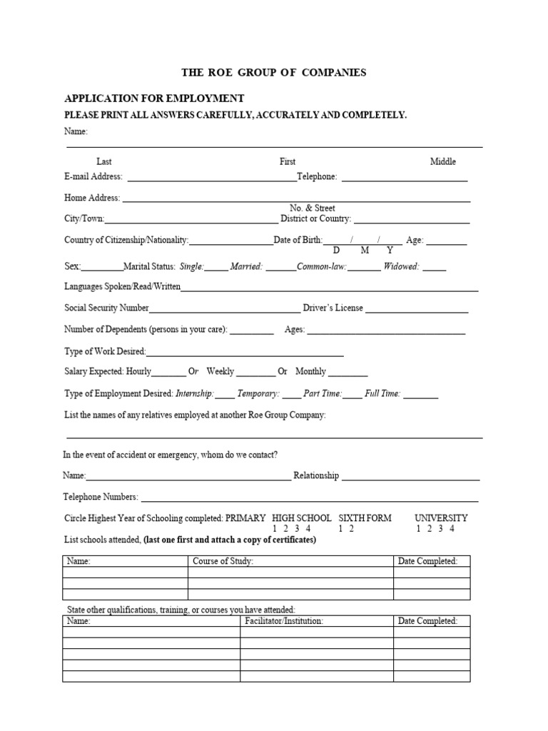 Roe Group Employment Application Form | PDF | Employment