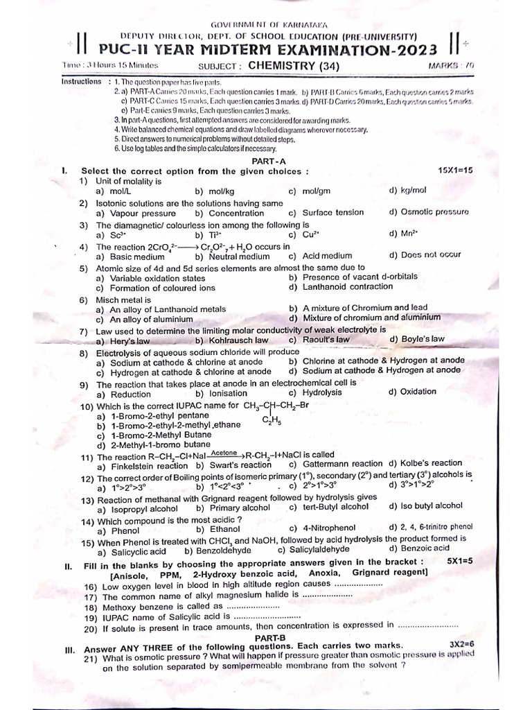 Chemistry Midterm Exam Question Paper 2023-24 | PDF