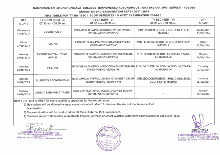 Ty Ba Bcom BSC Atkt Sem 5 Timetable Sept Oct 2024 | PDF