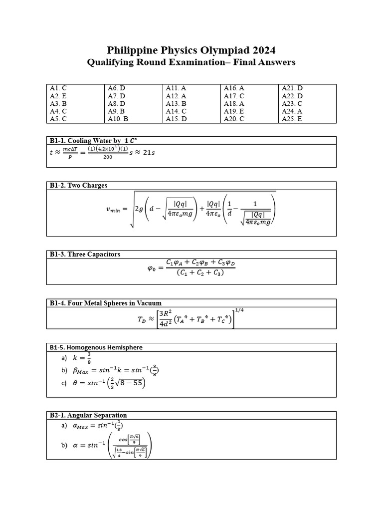 Physics Olympiad 2024 Answers | PDF