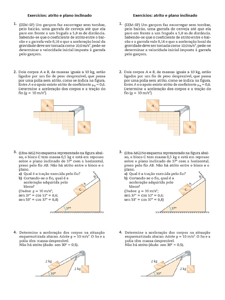 Exercícios - Atrito + Plano inclinado | PDF Exercícios - Atrito + Plano inclinado | PDF