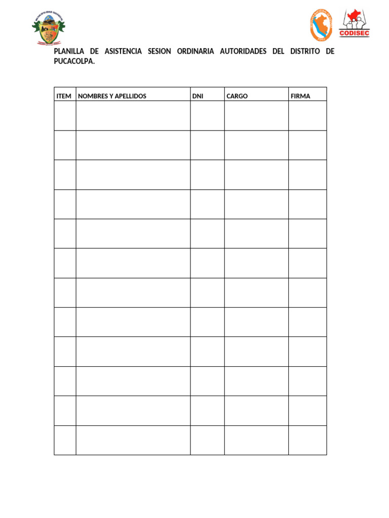 Planilla de Asistencia A Reinstalación de PDC y Codisec 2025 | PDF