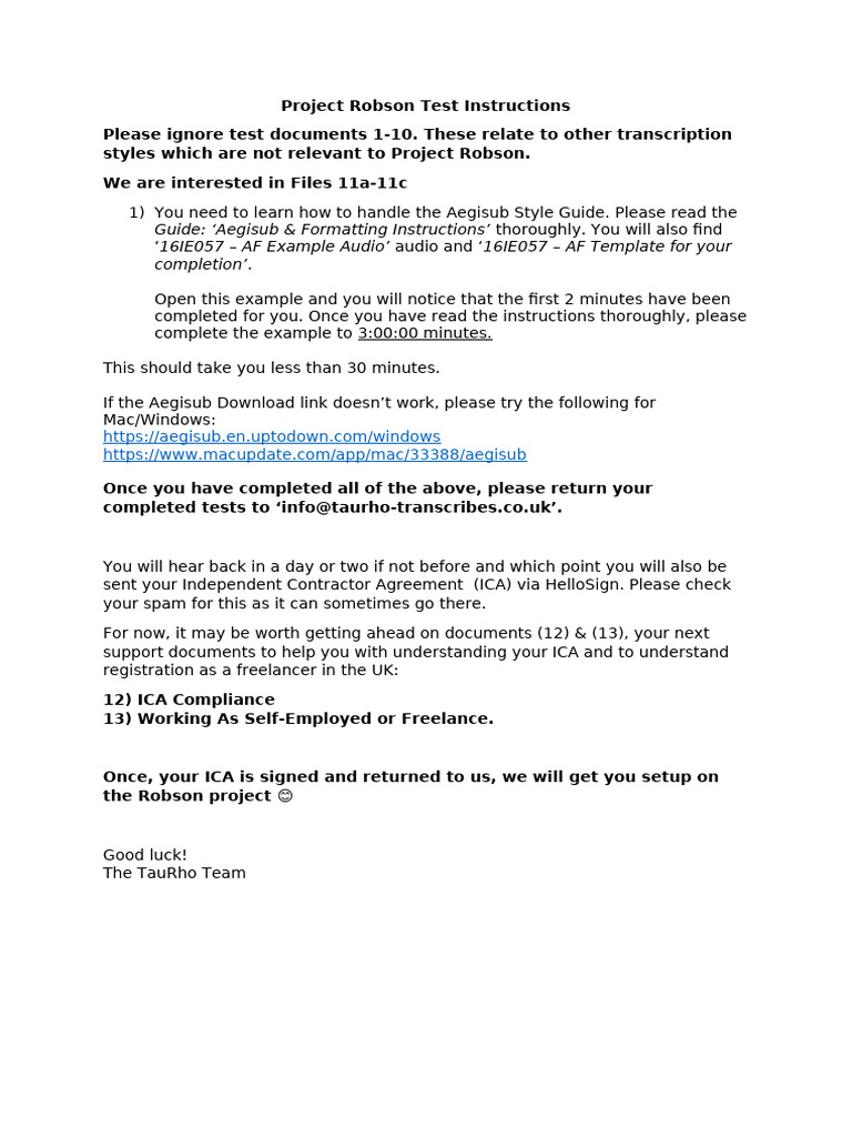 Project Robson Test Instructions Guide | PDF
