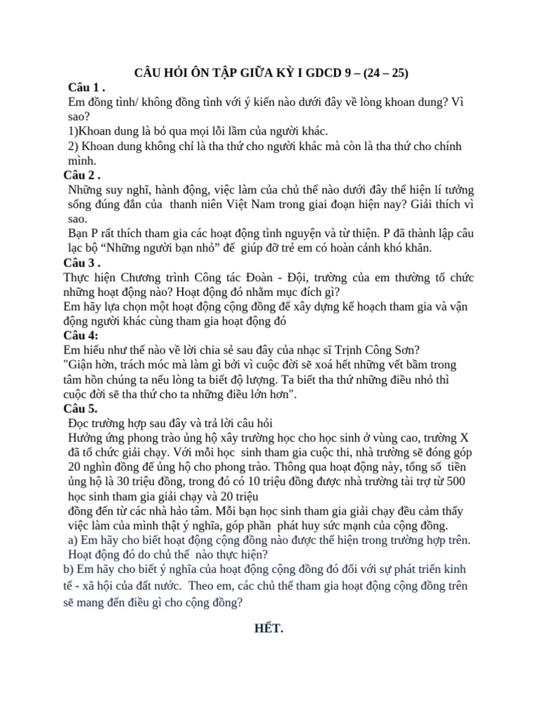 CÂU HỎI ÔN TẬP GIỮA KỲ I GDCD 9 (24 - 25) | PDF