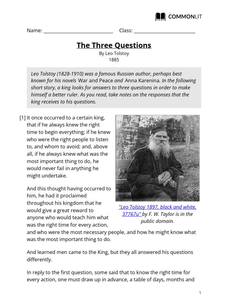 CommonLit - The Three Questions | PDF | Leo Tolstoy | War And Peace