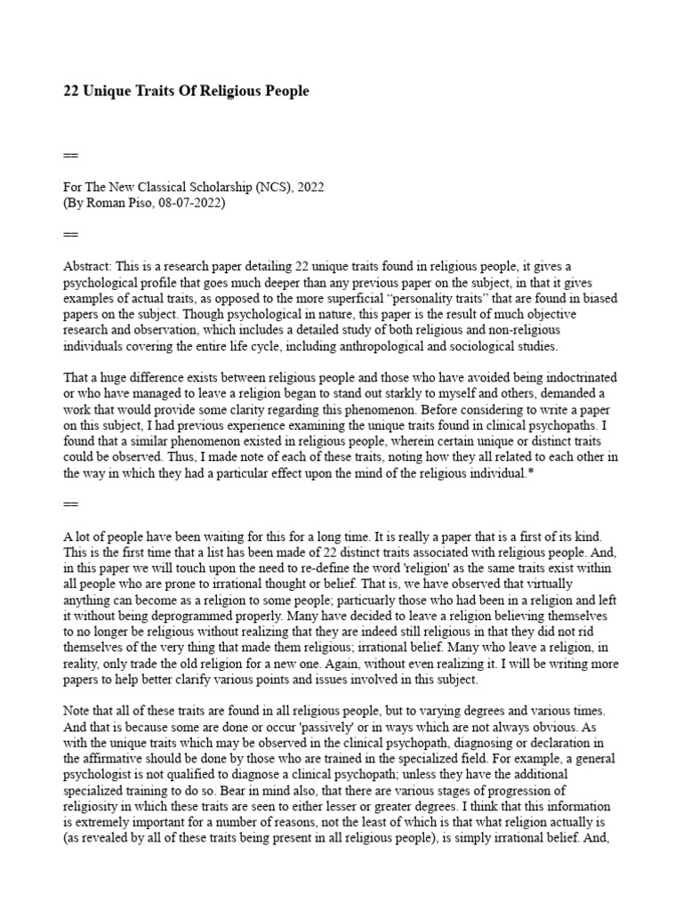 Unique Traits of Religious People | PDF | Mind | Reality