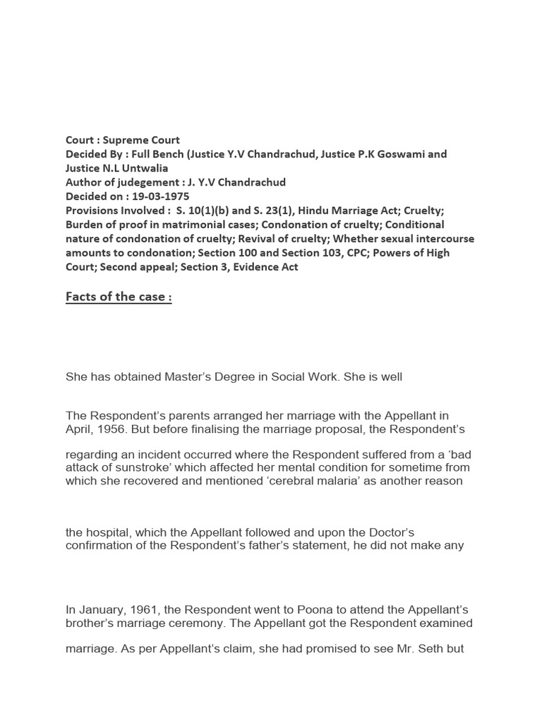 Case Analysis Dastane vs. Dastane | PDF | Divorce | Cruelty