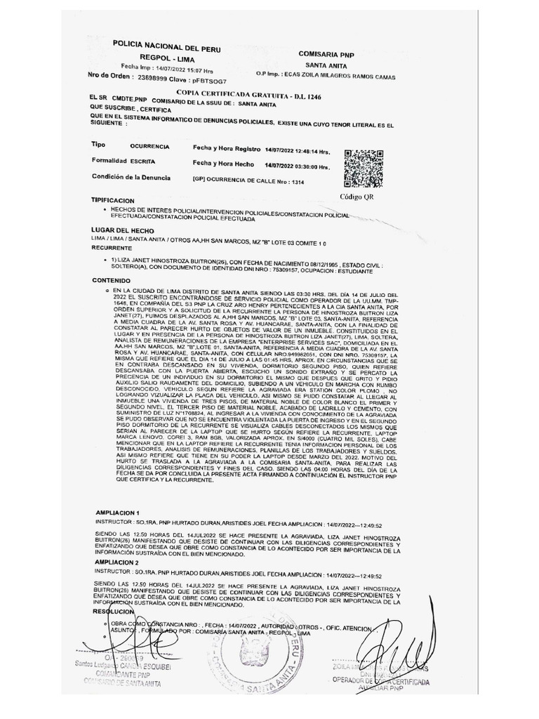 Modelo De Denuncia Policial Peru Pdf