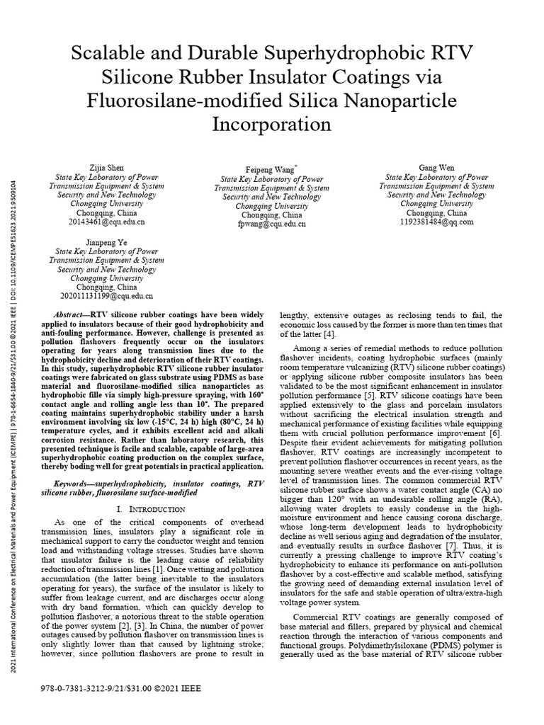 Scalable and Durable Superhydrophobic RTV Silicone Rubber Insulator Coatings Via Fluorosilane ...