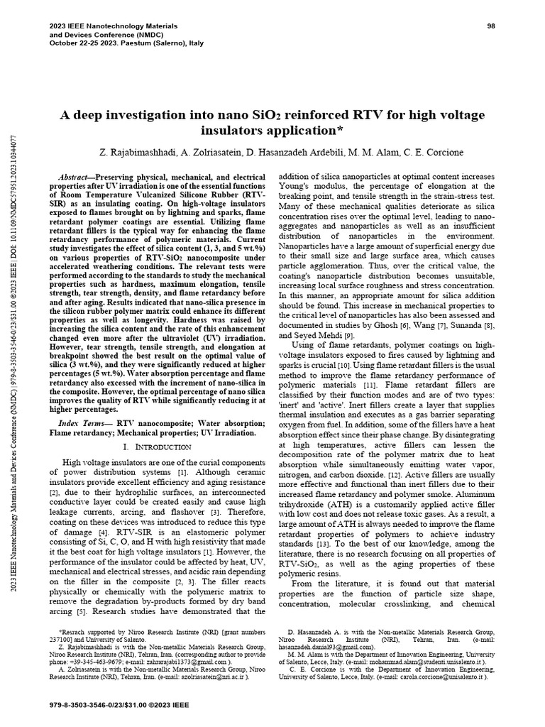 A Deep Investigation Into Nano SiO Reinforced RTV for High Voltage ...