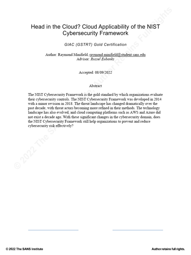 Sans Head in The Cloud Cloud Applicability of The Nist Cybersecurity ...