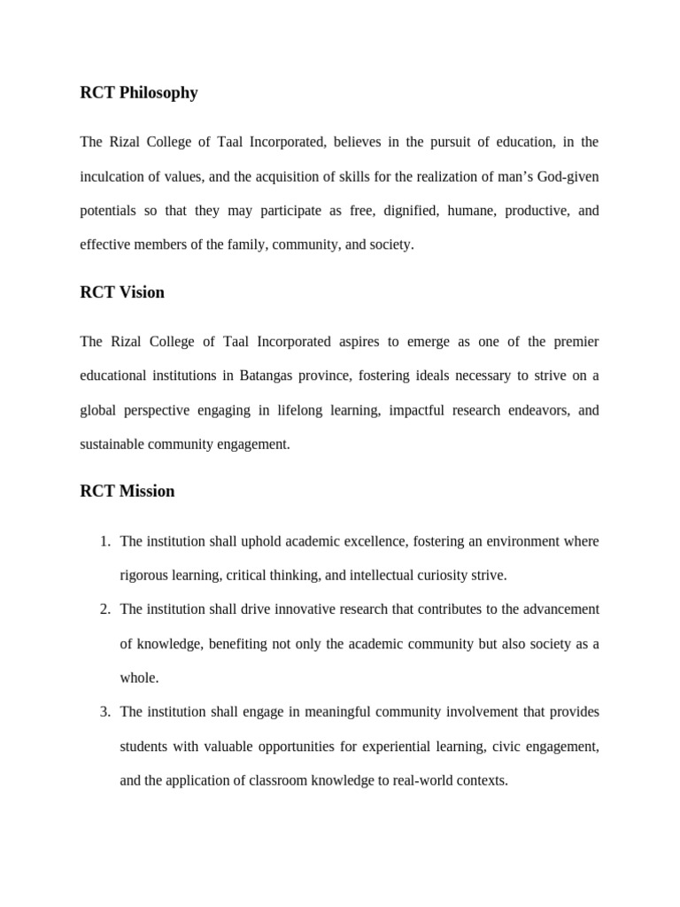 RCT Philosophy, Mission, Vision, and Core Values | PDF