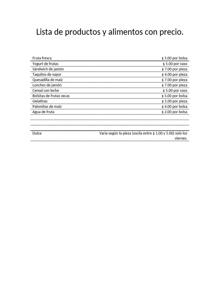 Precios de Alimentos y Productos Variados | PDF